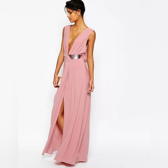 ASOS | Dresses | Asos Goddess Belted Pink V Neck Drapey Romantic Gown ...